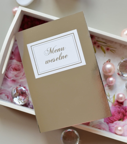eleganckie srebrne otwierane menu weselne z wydrukiem dań